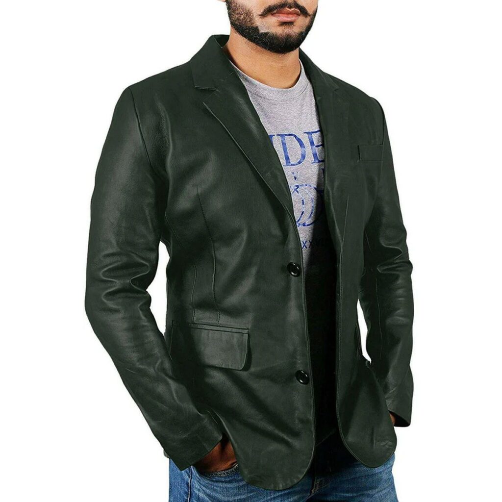 Men's Genuine Lambskin Real Leather Dark Green Blazer TWO BUTTON Stylish Coat Blazer - Zafy Leather
