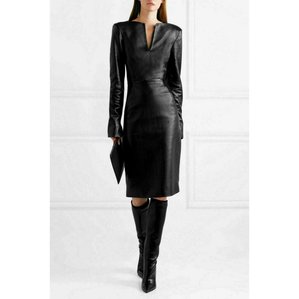 Women's Soft Genuine Lambskin Leather Dress Black Zippered Slit V Neck ...