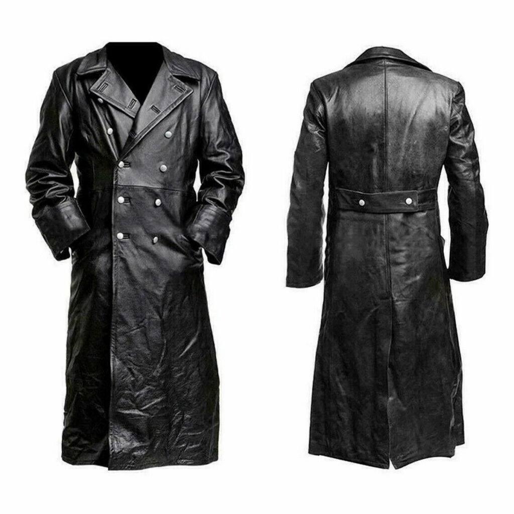 Men's Classic Black Leather Trench Long Coat Military Style Leather ...